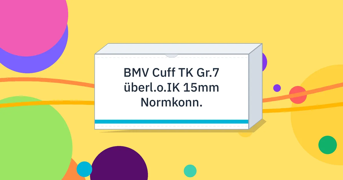 Symbolbild: Packung mit der Aufschrift BMV Cuff TK Gr.7 überl.o.IK 15mm Normkonn. (PZN 18383059) – Verfügbarkeit und Bezug in Apotheken in Frankfurt am Main