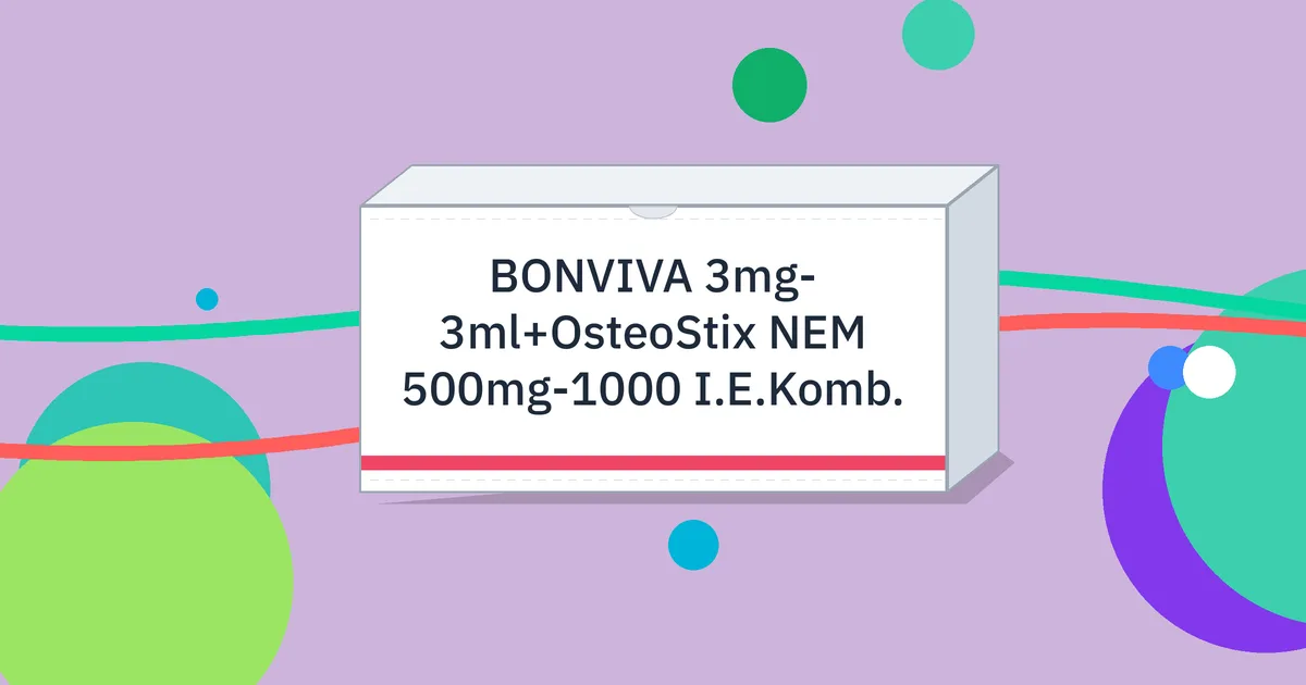 Symbolbild: Packung mit der Aufschrift BONVIVA 3mg-3ml+OsteoStix NEM 500mg-1000 I.E.Komb. (PZN 20398111) – Verfügbarkeit und Bezug in Apotheken in Frankfurt am Main