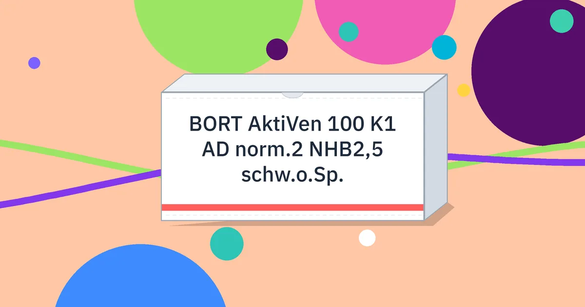 Symbolbild: Packung mit der Aufschrift BORT AktiVen 100 K1 AD norm.2 NHB2,5 schw.o.Sp. (PZN 17501947) – Verfügbarkeit und Bezug in Apotheken in Frankfurt am Main