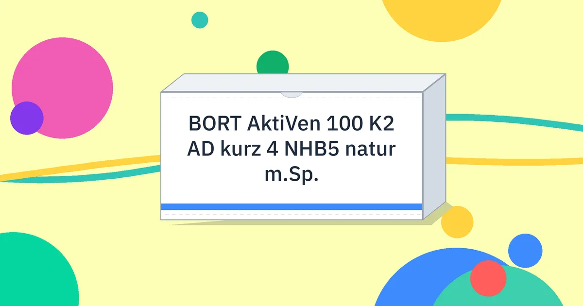 Symbolbild: Packung mit der Aufschrift BORT AktiVen 100 K2 AD kurz 4 NHB5 natur m.Sp. (PZN 17494058) – Verfügbarkeit und Bezug in Apotheken in Frankfurt am Main