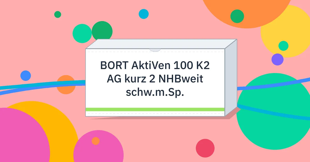 Symbolbild: Packung mit der Aufschrift BORT AktiVen 100 K2 AG kurz 2 NHBweit schw.m.Sp. (PZN 14388137) – Verfügbarkeit und Bezug in Apotheken in Frankfurt am Main