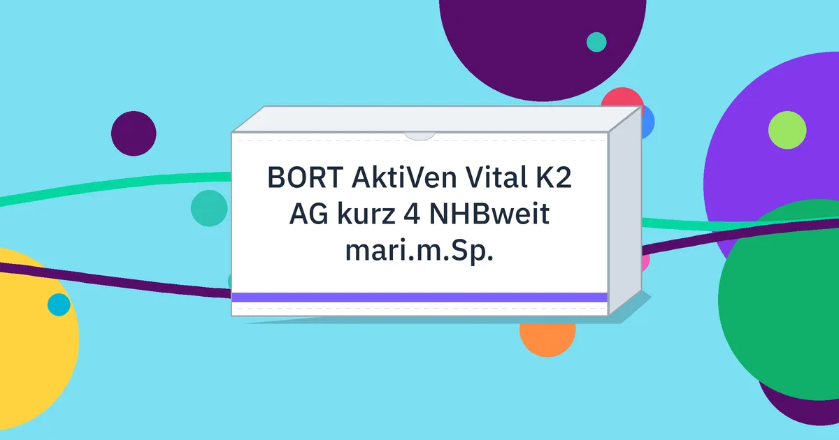 Symbolbild: Packung mit der Aufschrift BORT AktiVen Vital K2 AG kurz 4 NHBweit mari.m.Sp. (PZN 13733388) – Verfügbarkeit und Bezug in Apotheken in Frankfurt am Main