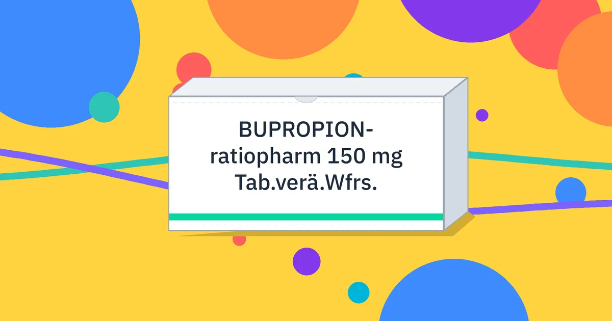 Symbolbild: Packung mit der Aufschrift BUPROPION-ratiopharm 150 mg Tab.verä.Wfrs. (PZN 19918373) – Verfügbarkeit und Bezug in Apotheken in Frankfurt am Main