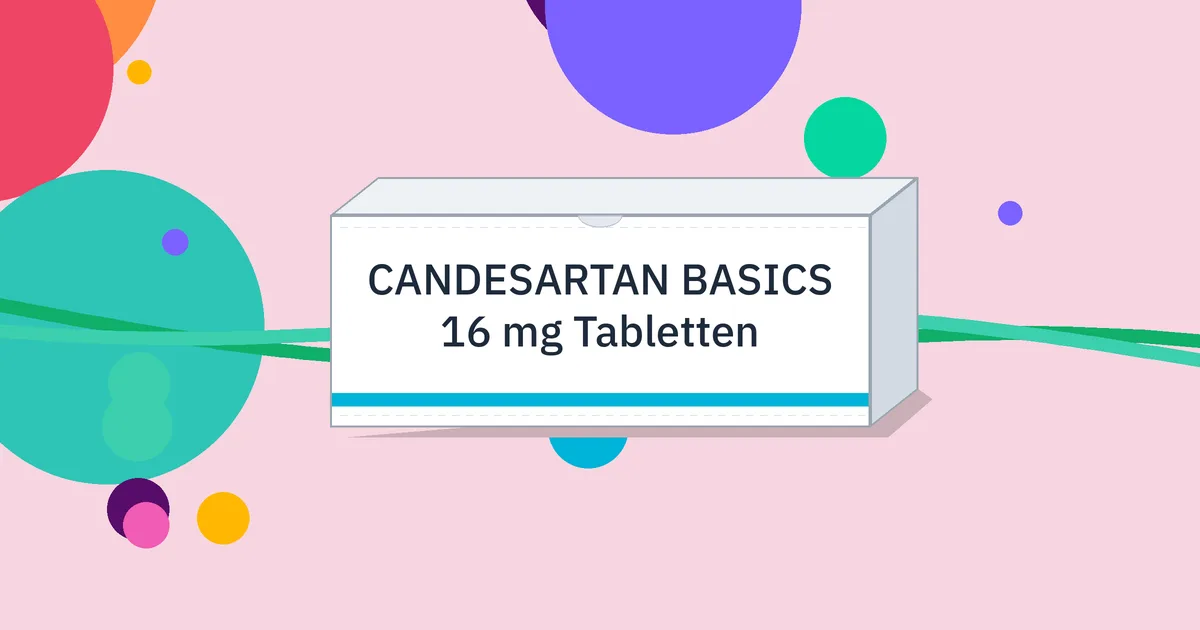 Symbolbild: Packung mit der Aufschrift CANDESARTAN BASICS 16 mg Tabletten (PZN 09482845) – Verfügbarkeit und Bezug in Apotheken in Frankfurt am Main