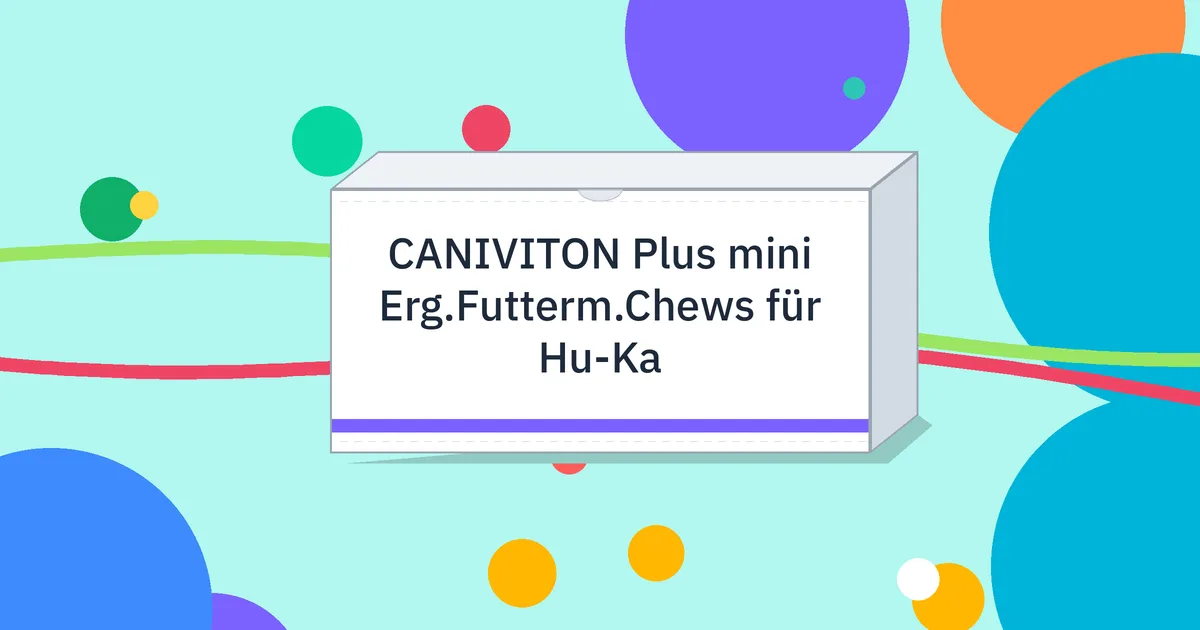 Symbolbild: Packung mit der Aufschrift CANIVITON Plus mini Erg.Futterm.Chews für Hu-Ka (PZN 19648028) – Verfügbarkeit und Bezug in Apotheken in Frankfurt am Main