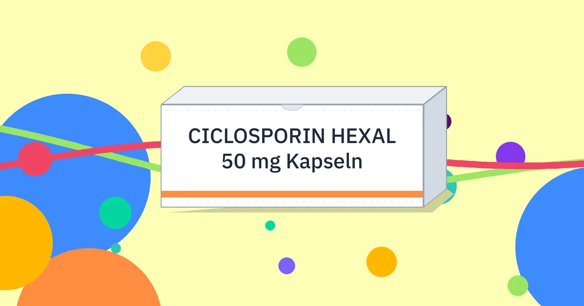 Symbolbild: Packung mit der Aufschrift CICLOSPORIN HEXAL 50 mg Kapseln (PZN 08867661) – Verfügbarkeit und Bezug in Apotheken in Frankfurt am Main