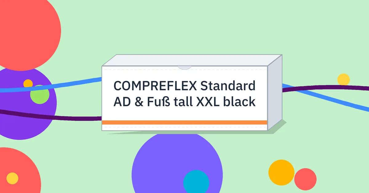 Symbolbild: Packung mit der Aufschrift COMPREFLEX Standard AD & Fuß tall XXL black (PZN 19534448) – Verfügbarkeit und Bezug in Apotheken in Frankfurt am Main