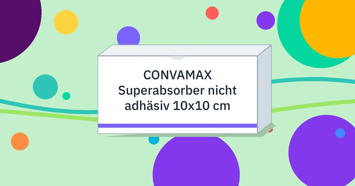 Symbolbild: Packung mit der Aufschrift CONVAMAX Superabsorber nicht adhäsiv 10x10 cm (PZN 18037570) – Verfügbarkeit und Bezug in Apotheken in Frankfurt am Main