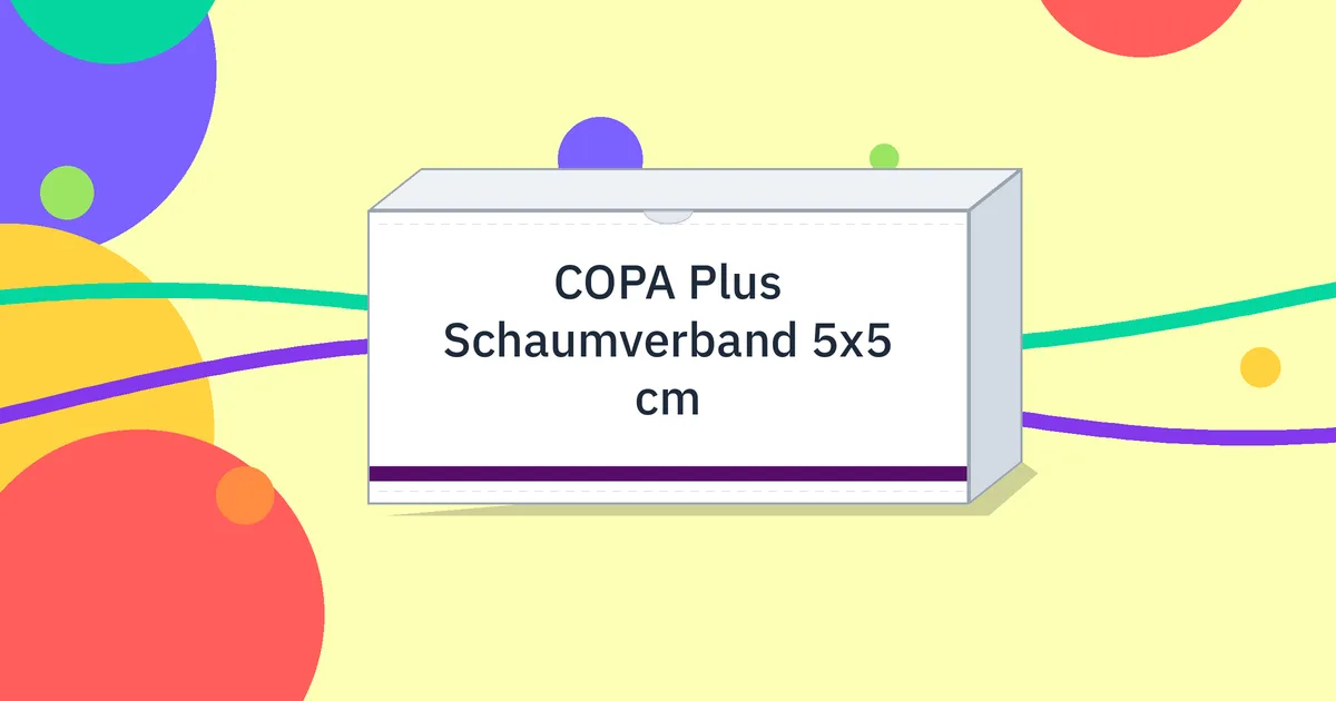 Symbolbild: Packung mit der Aufschrift COPA Plus Schaumverband 5x5 cm (PZN 05383833) – Verfügbarkeit und Bezug in Apotheken in Frankfurt am Main