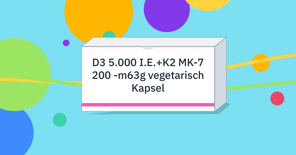 Symbolbild: Packung mit der Aufschrift D3 5.000 I.E.+K2 MK-7 200 -m63g vegetarisch Kapsel (PZN 16778032) – Verfügbarkeit und Bezug in Apotheken in Frankfurt am Main