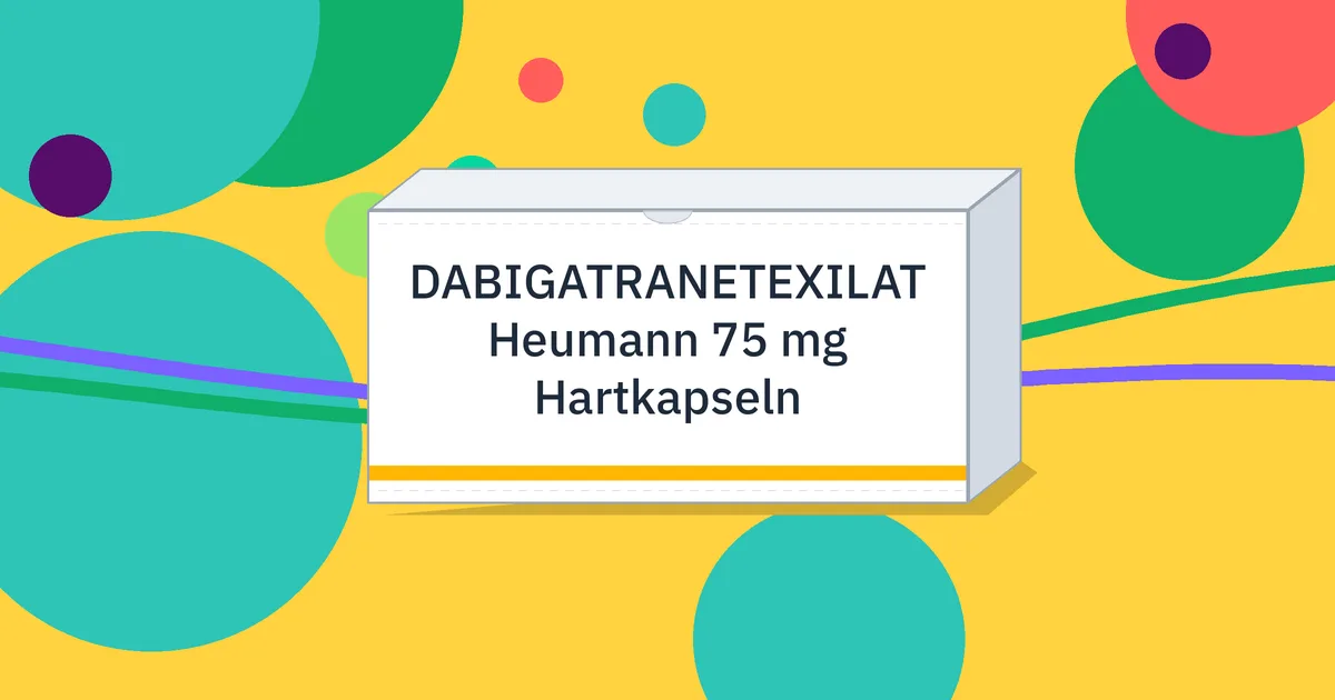 Symbolbild: Packung mit der Aufschrift DABIGATRANETEXILAT Heumann 75 mg Hartkapseln (PZN 18486204) – Verfügbarkeit und Bezug in Apotheken in Frankfurt am Main