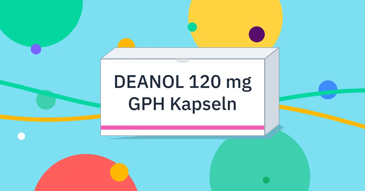 Symbolbild: Packung mit der Aufschrift DEANOL 120 mg GPH Kapseln (PZN 10977374) – Verfügbarkeit und Bezug in Apotheken in Frankfurt am Main