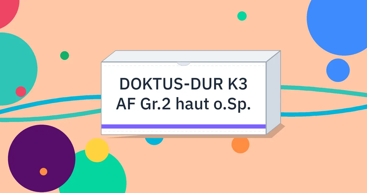 Symbolbild: Packung mit der Aufschrift DOKTUS-DUR K3 AF Gr.2 haut o.Sp. (PZN 00596961) – Verfügbarkeit und Bezug in Apotheken in Frankfurt am Main