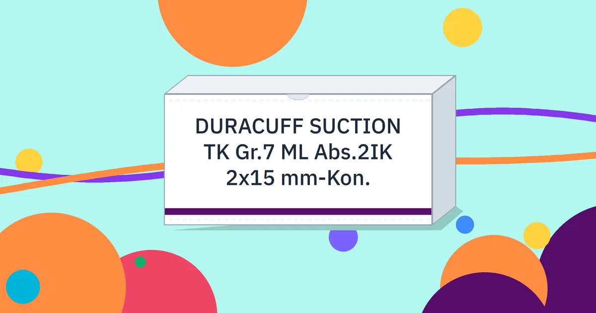 Symbolbild: Packung mit der Aufschrift DURACUFF SUCTION TK Gr.7 ML Abs.2IK 2x15 mm-Kon. (PZN 04961222) – Verfügbarkeit und Bezug in Apotheken in Frankfurt am Main