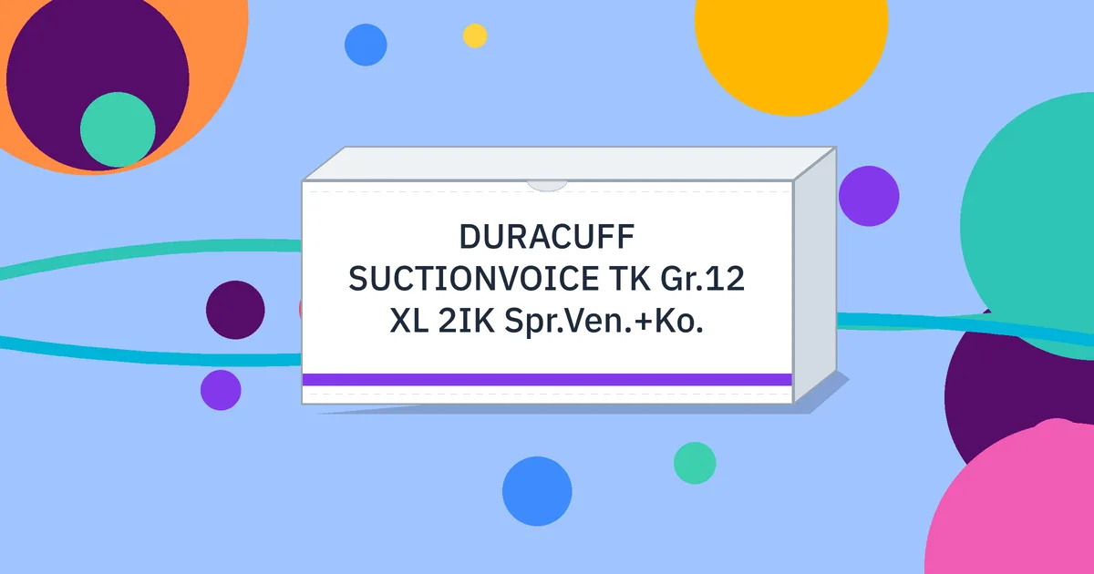 Symbolbild: Packung mit der Aufschrift DURACUFF SUCTIONVOICE TK Gr.12 XL 2IK Spr.Ven.+Ko. (PZN 04964953) – Verfügbarkeit und Bezug in Apotheken in Frankfurt am Main