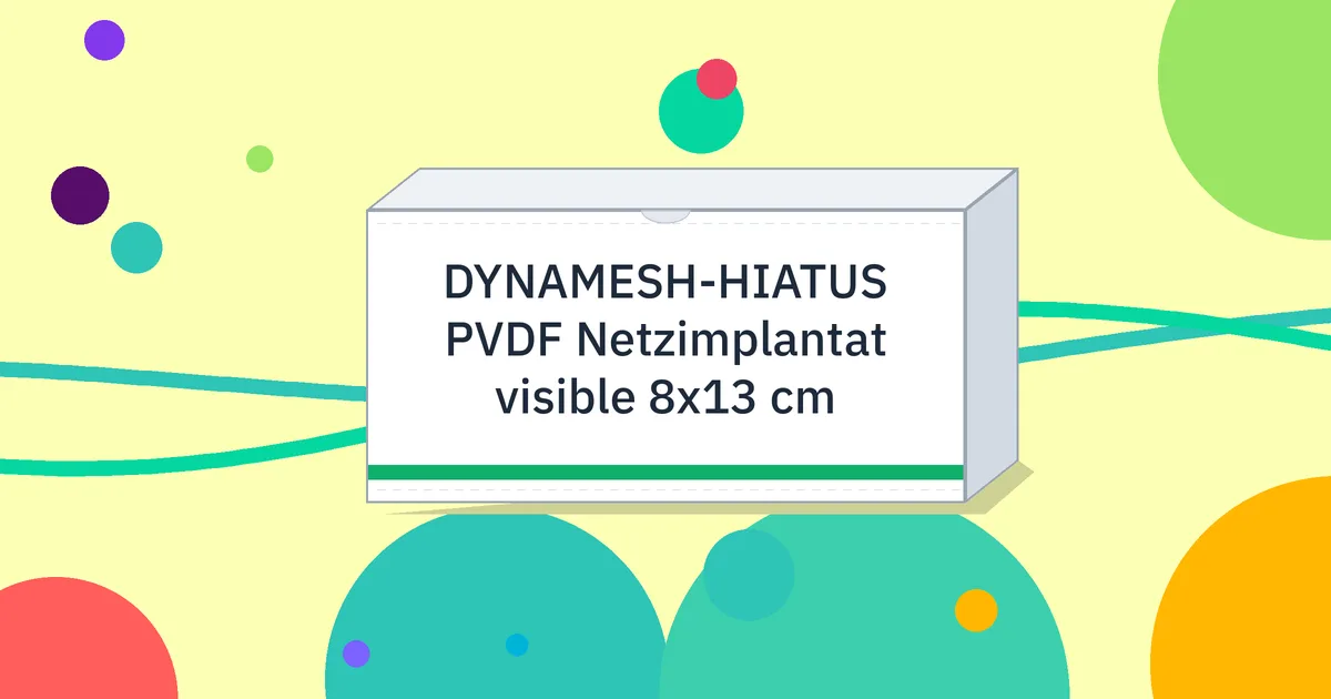 Symbolbild: Packung mit der Aufschrift DYNAMESH-HIATUS PVDF Netzimplantat visible 8x13 cm (PZN 19389644) – Verfügbarkeit und Bezug in Apotheken in Frankfurt am Main