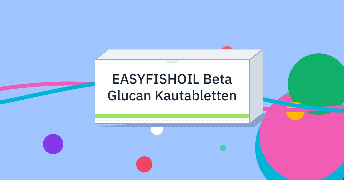 Symbolbild: Packung mit der Aufschrift EASYFISHOIL Beta Glucan Kautabletten (PZN 18662782) – Verfügbarkeit und Bezug in Apotheken in Frankfurt am Main