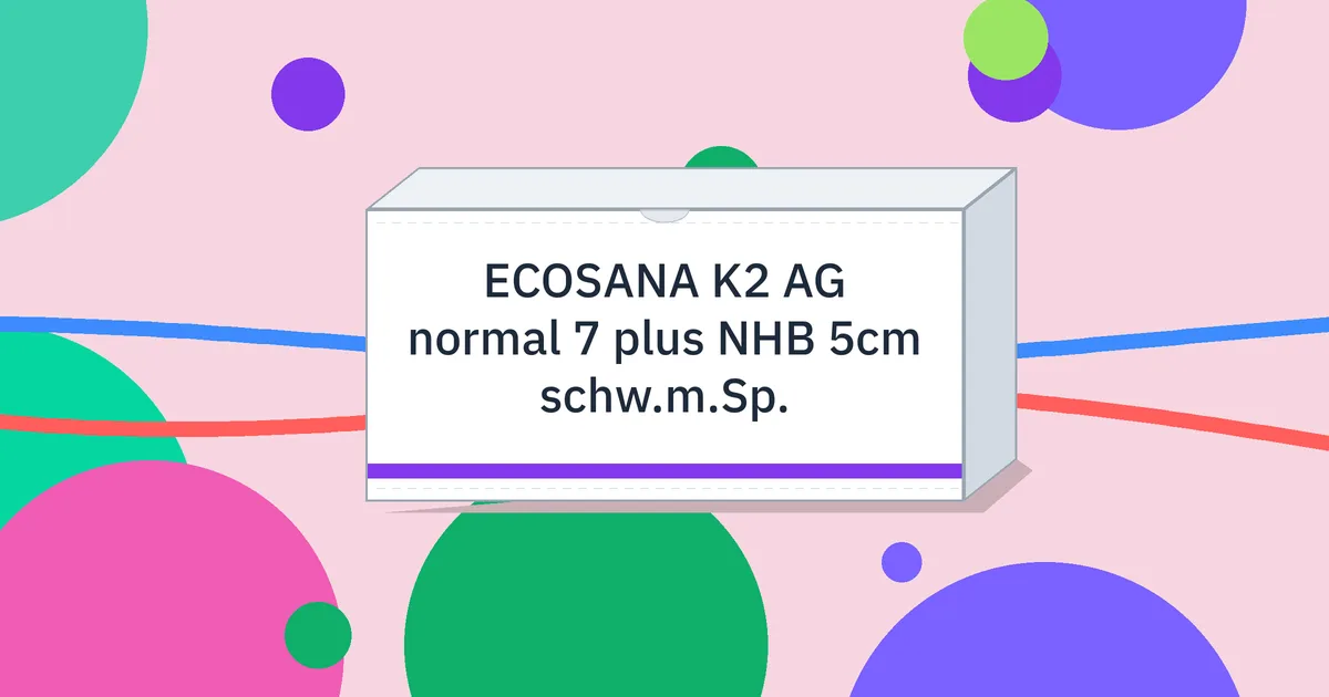 Symbolbild: Packung mit der Aufschrift ECOSANA K2 AG normal 7 plus NHB 5cm schw.m.Sp. (PZN 01530467) – Verfügbarkeit und Bezug in Apotheken in Frankfurt am Main