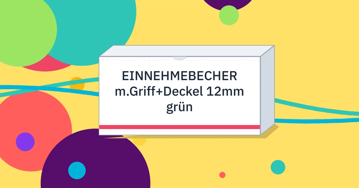 Symbolbild: Packung mit der Aufschrift EINNEHMEBECHER m.Griff+Deckel 12mm grün (PZN 08490067) – Verfügbarkeit und Bezug in Apotheken in Frankfurt am Main