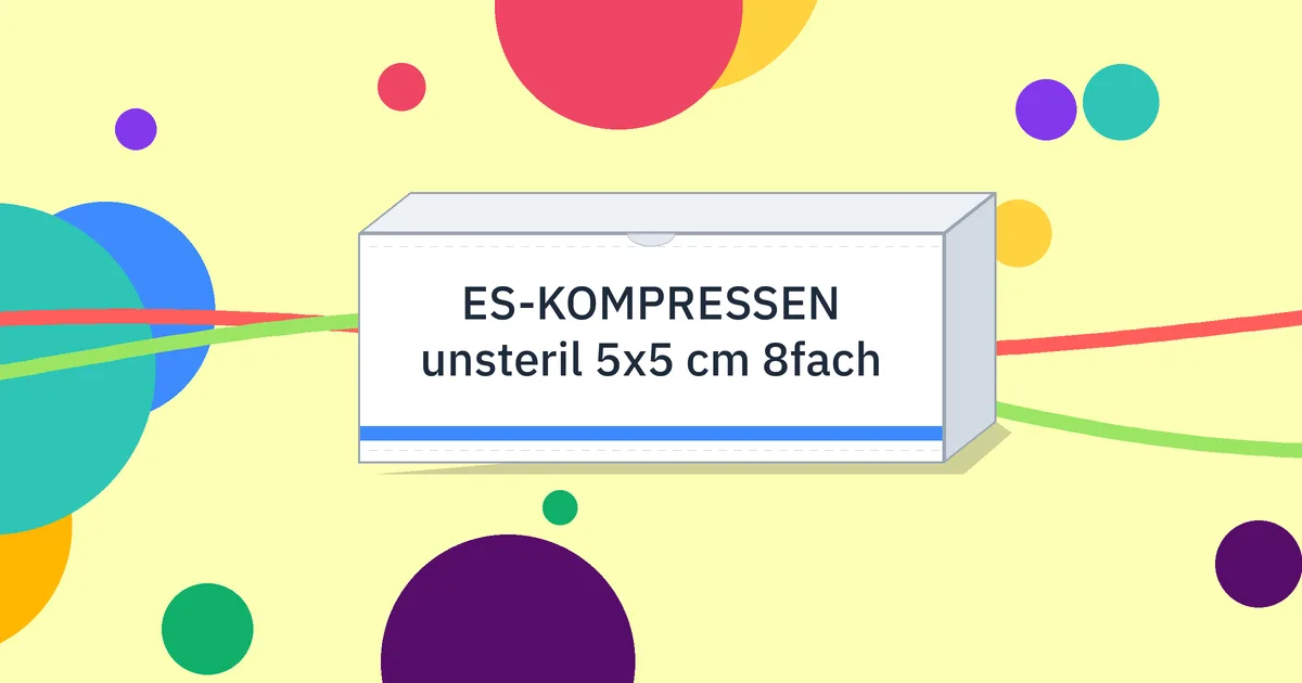Symbolbild: Packung mit der Aufschrift ES-KOMPRESSEN unsteril 5x5 cm 8fach (PZN 11313742) – Verfügbarkeit und Bezug in Apotheken in Frankfurt am Main