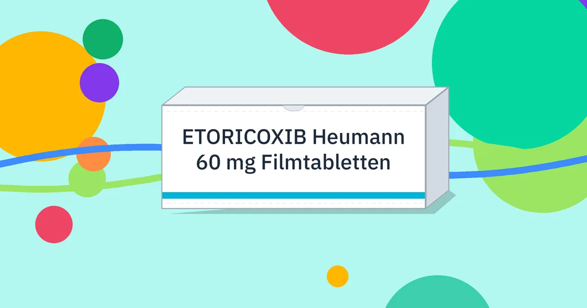 Symbolbild: Packung mit der Aufschrift ETORICOXIB Heumann 60 mg Filmtabletten (PZN 12545118) – Verfügbarkeit und Bezug in Apotheken in Frankfurt am Main