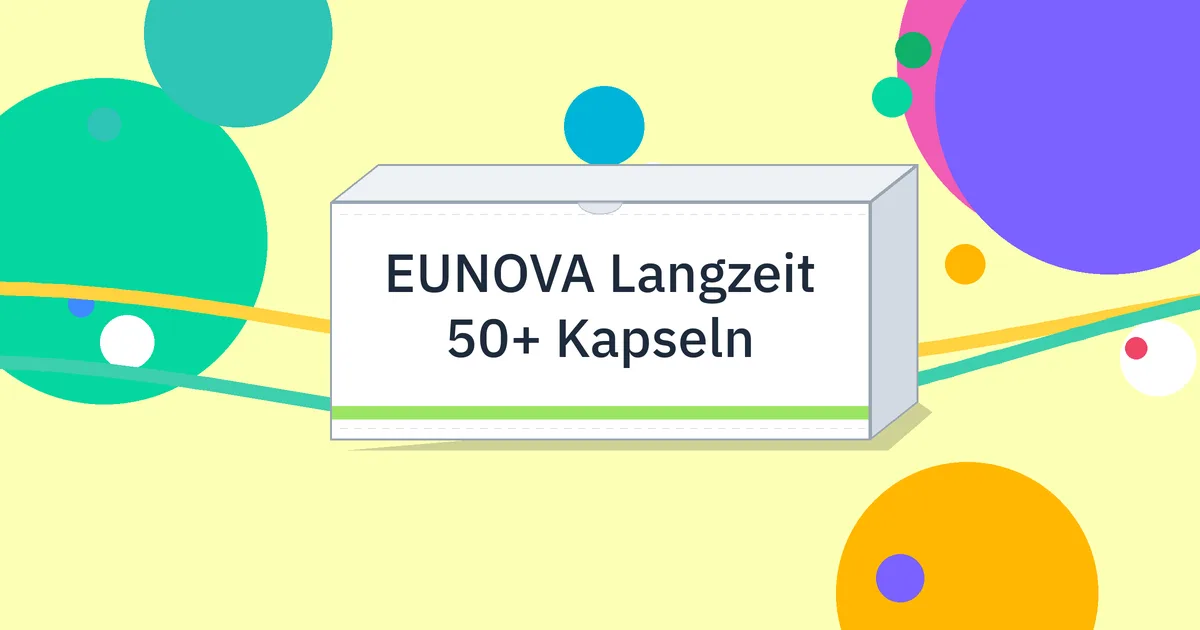 Symbolbild: Packung mit der Aufschrift EUNOVA Langzeit 50+ Kapseln (PZN 11084425) – Verfügbarkeit und Bezug in Apotheken in Frankfurt am Main
