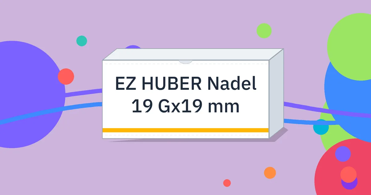 Symbolbild: Packung mit der Aufschrift EZ HUBER Nadel 19 Gx19 mm (PZN 09042649) – Verfügbarkeit und Bezug in Apotheken in Frankfurt am Main
