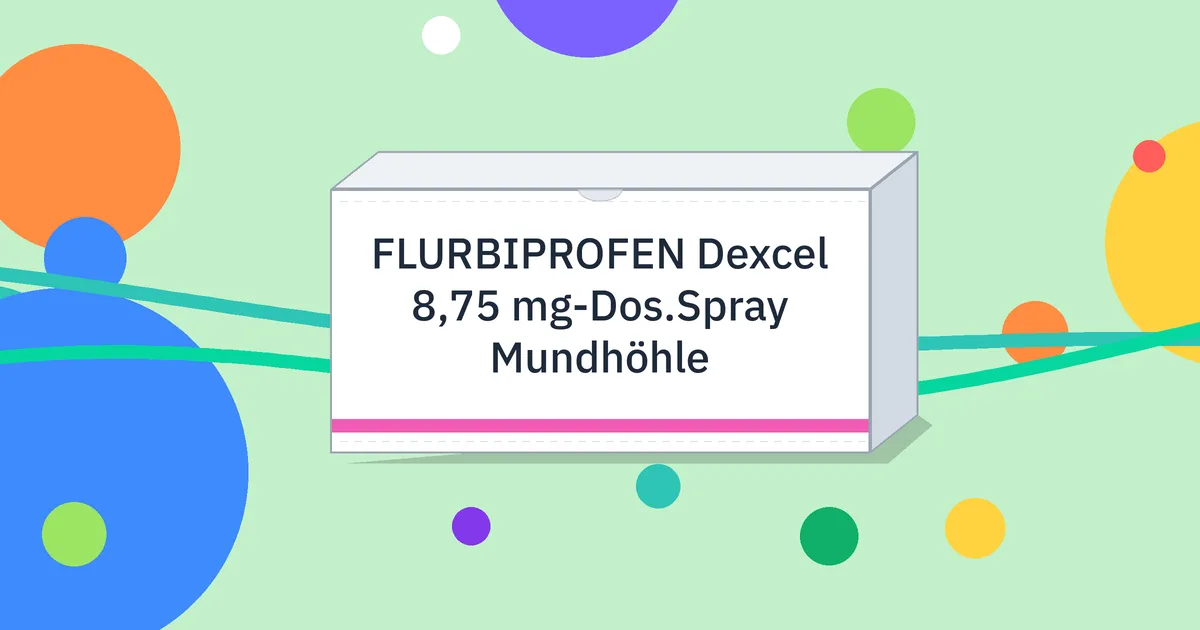 Symbolbild: Packung mit der Aufschrift FLURBIPROFEN Dexcel 8,75 mg-Dos.Spray Mundhöhle (PZN 16398128) – Verfügbarkeit und Bezug in Apotheken in Frankfurt am Main