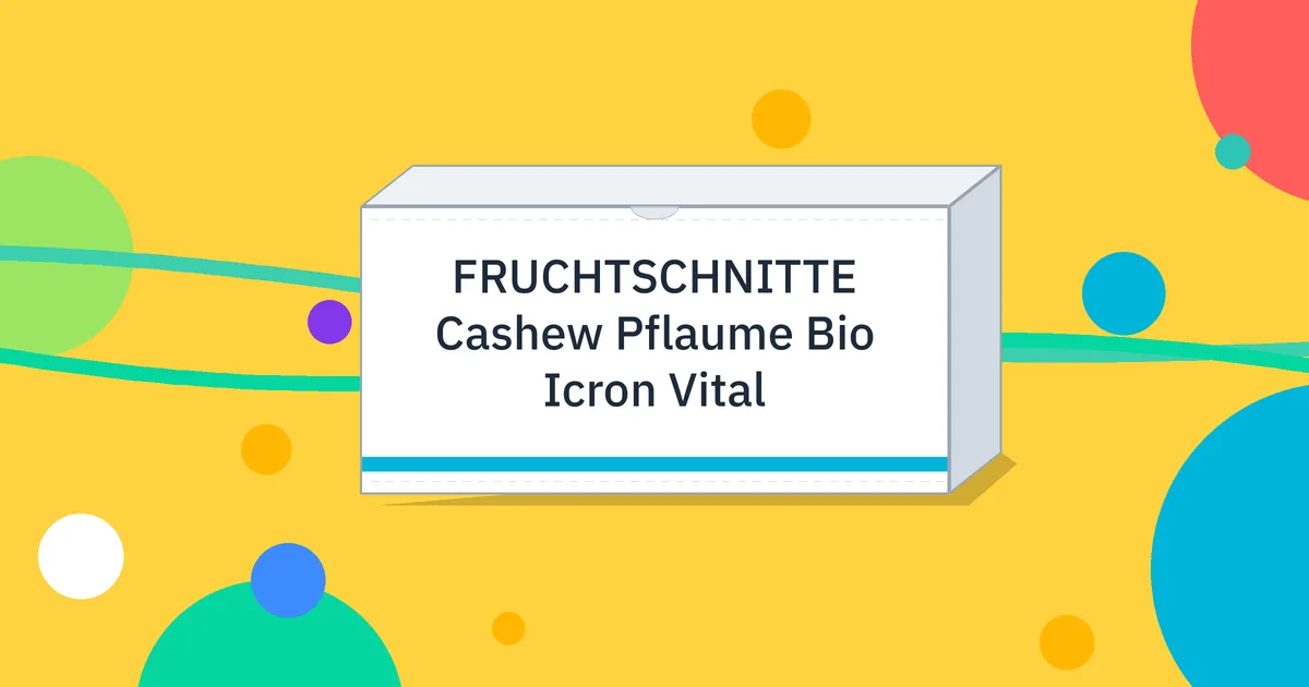 Symbolbild: Packung mit der Aufschrift FRUCHTSCHNITTE Cashew Pflaume Bio Icron Vital (PZN 01912039) – Verfügbarkeit und Bezug in Apotheken in Frankfurt am Main