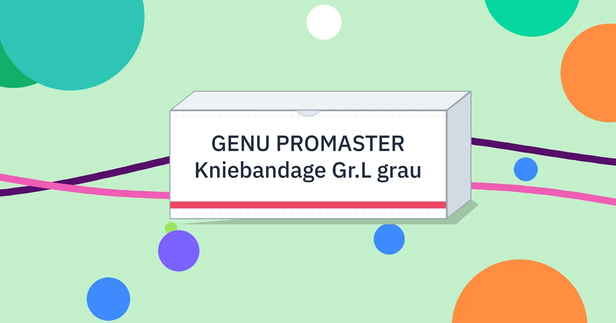 Symbolbild: Packung mit der Aufschrift GENU PROMASTER Kniebandage Gr.L grau (PZN 10927399) – Verfügbarkeit und Bezug in Apotheken in Frankfurt am Main