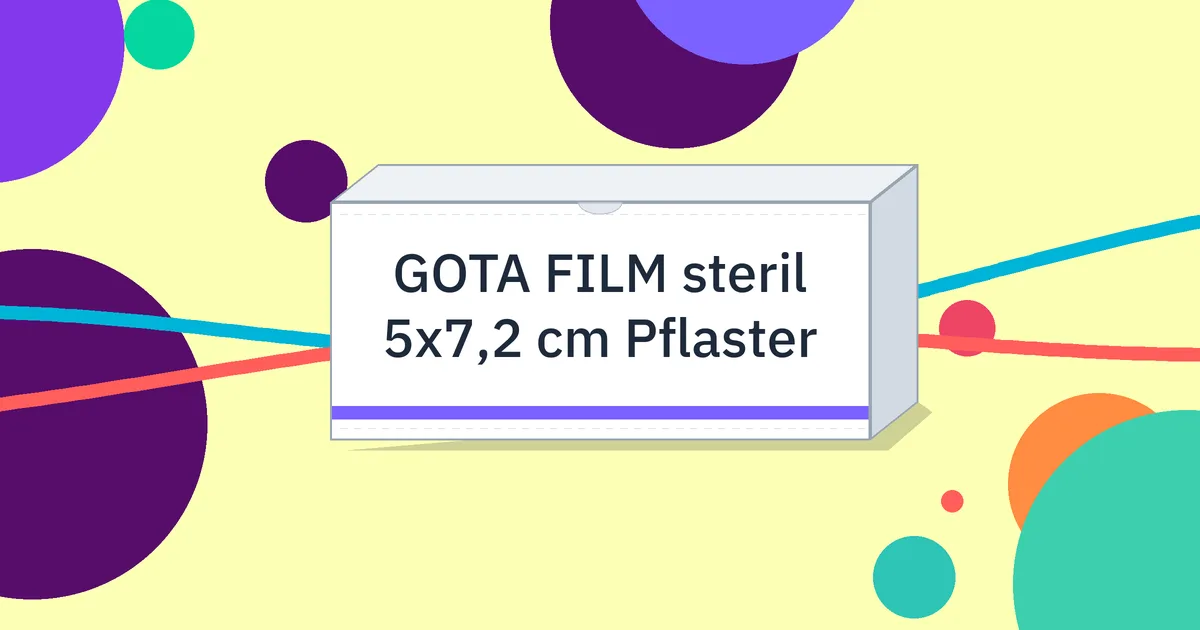 Symbolbild: Packung mit der Aufschrift GOTA FILM steril 5x7,2 cm Pflaster (PZN 04442373) – Verfügbarkeit und Bezug in Apotheken in Frankfurt am Main