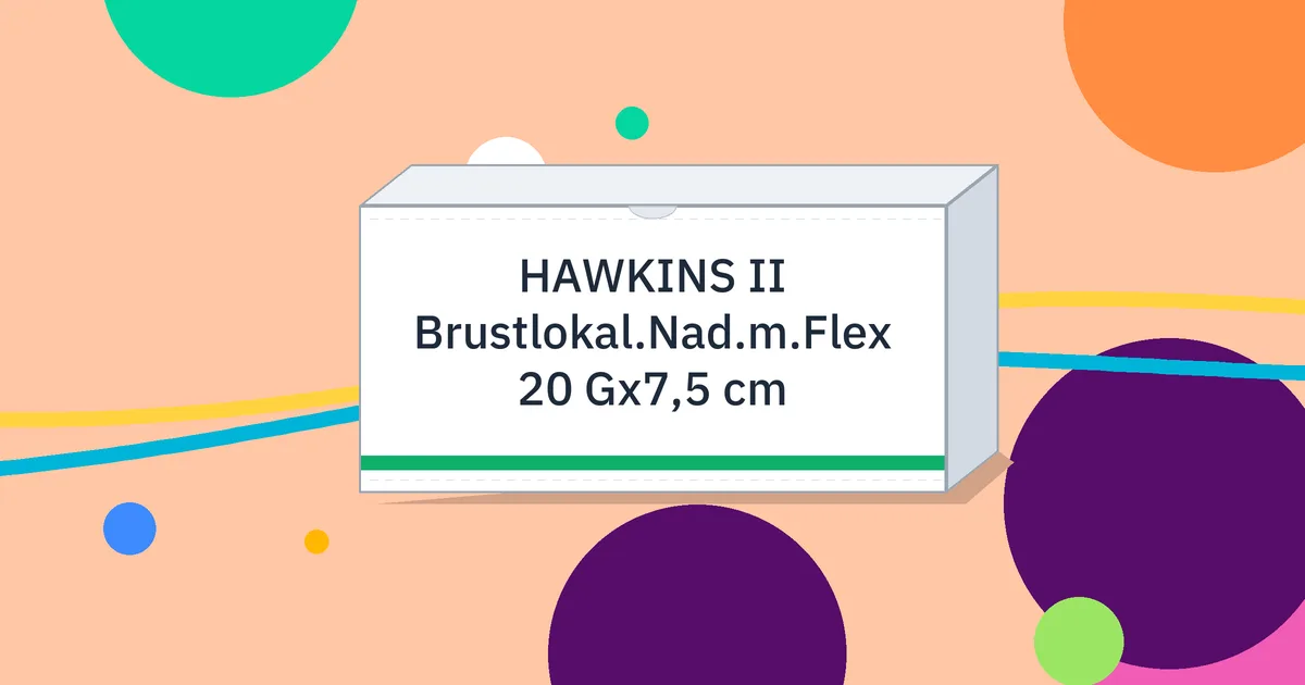 Symbolbild: Packung mit der Aufschrift HAWKINS II Brustlokal.Nad.m.Flex 20 Gx7,5 cm (PZN 06772123) – Verfügbarkeit und Bezug in Apotheken in Frankfurt am Main