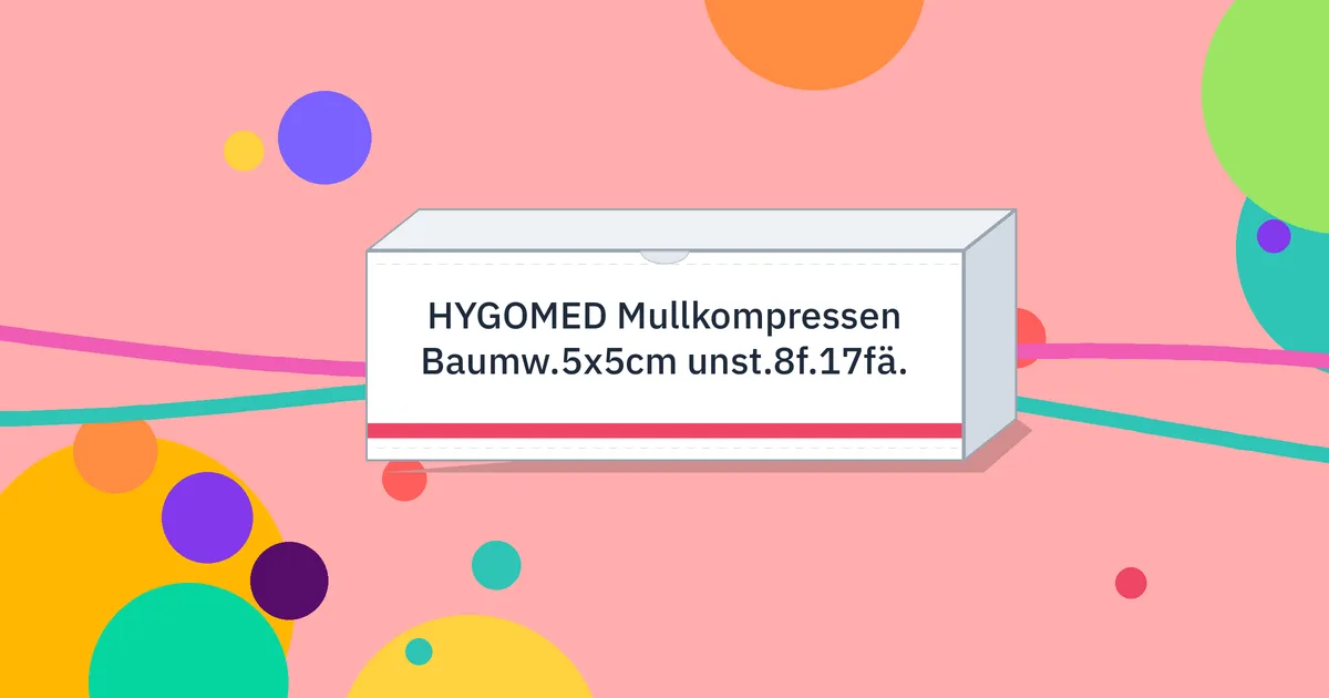 Symbolbild: Packung mit der Aufschrift HYGOMED Mullkompressen Baumw.5x5cm unst.8f.17fä. (PZN 20383003) – Verfügbarkeit und Bezug in Apotheken in Frankfurt am Main