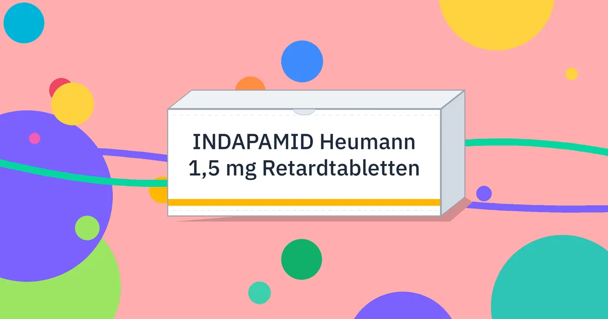 Symbolbild: Packung mit der Aufschrift INDAPAMID Heumann 1,5 mg Retardtabletten (PZN 04445710) – Verfügbarkeit und Bezug in Apotheken in Frankfurt am Main
