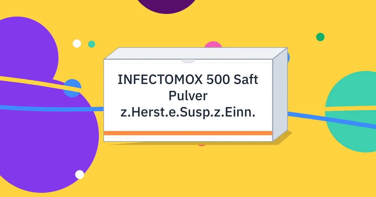 Symbolbild: Packung mit der Aufschrift INFECTOMOX 500 Saft Pulver z.Herst.e.Susp.z.Einn. (PZN 06648311) – Verfügbarkeit und Bezug in Apotheken in Frankfurt am Main