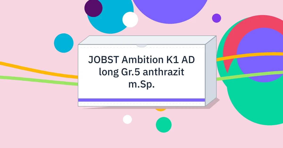 Symbolbild: Packung mit der Aufschrift JOBST Ambition K1 AD long Gr.5 anthrazit m.Sp. (PZN 11019764) – Verfügbarkeit und Bezug in Apotheken in Frankfurt am Main