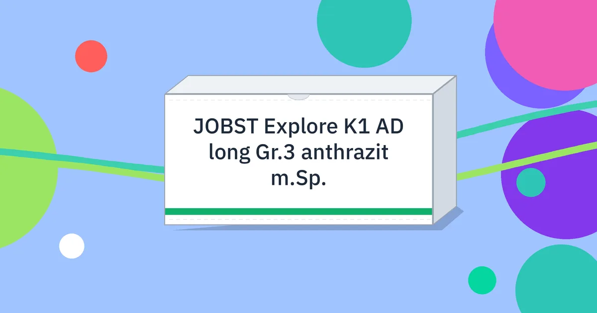 Symbolbild: Packung mit der Aufschrift JOBST Explore K1 AD long Gr.3 anthrazit m.Sp. (PZN 11021229) – Verfügbarkeit und Bezug in Apotheken in Frankfurt am Main