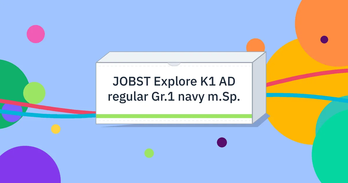 Symbolbild: Packung mit der Aufschrift JOBST Explore K1 AD regular Gr.1 navy m.Sp. (PZN 11021614) – Verfügbarkeit und Bezug in Apotheken in Frankfurt am Main