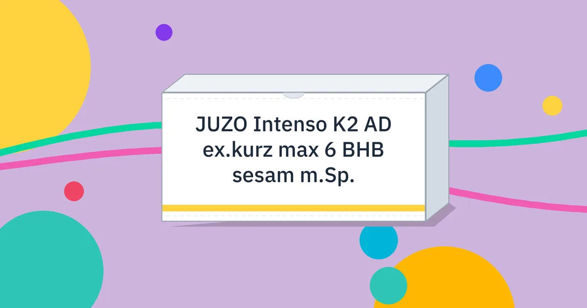 Symbolbild: Packung mit der Aufschrift JUZO Intenso K2 AD ex.kurz max 6 BHB sesam m.Sp. (PZN 18613938) – Verfügbarkeit und Bezug in Apotheken in Frankfurt am Main