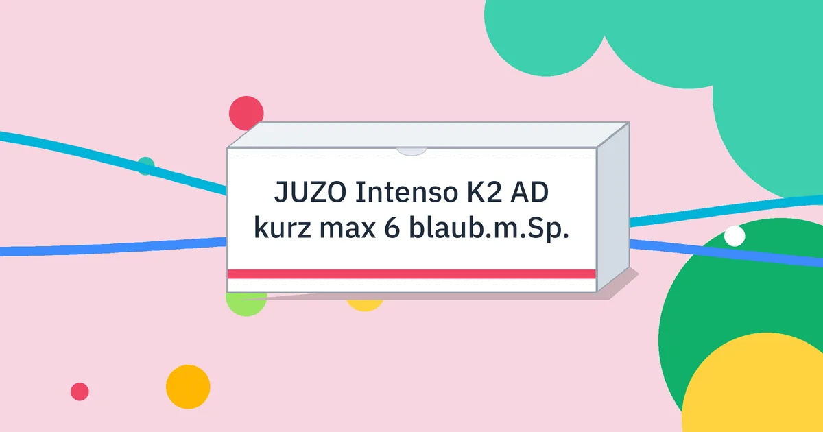 Symbolbild: Packung mit der Aufschrift JUZO Intenso K2 AD kurz max 6 blaub.m.Sp. (PZN 18608742) – Verfügbarkeit und Bezug in Apotheken in Frankfurt am Main