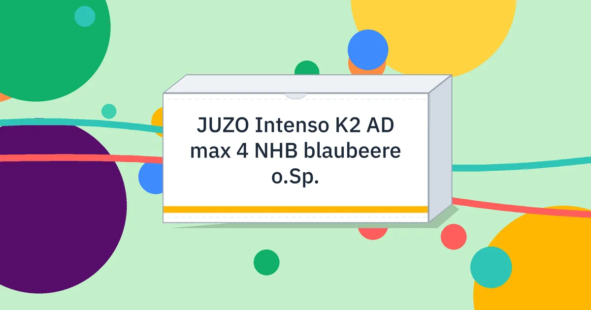 Symbolbild: Packung mit der Aufschrift JUZO Intenso K2 AD max 4 NHB blaubeere o.Sp. (PZN 18623351) – Verfügbarkeit und Bezug in Apotheken in Frankfurt am Main