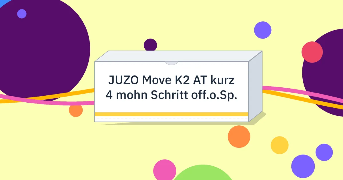 Symbolbild: Packung mit der Aufschrift JUZO Move K2 AT kurz 4 mohn Schritt off.o.Sp. (PZN 20676159) – Verfügbarkeit und Bezug in Apotheken in Frankfurt am Main