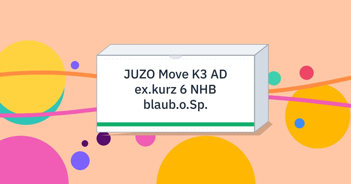 Symbolbild: Packung mit der Aufschrift JUZO Move K3 AD ex.kurz 6 NHB blaub.o.Sp. (PZN 18574055) – Verfügbarkeit und Bezug in Apotheken in Frankfurt am Main