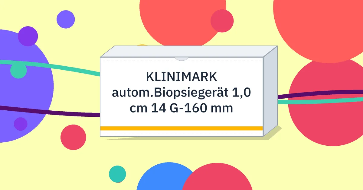 Symbolbild: Packung mit der Aufschrift KLINIMARK autom.Biopsiegerät 1,0 cm 14 G-160 mm (PZN 09208593) – Verfügbarkeit und Bezug in Apotheken in Frankfurt am Main