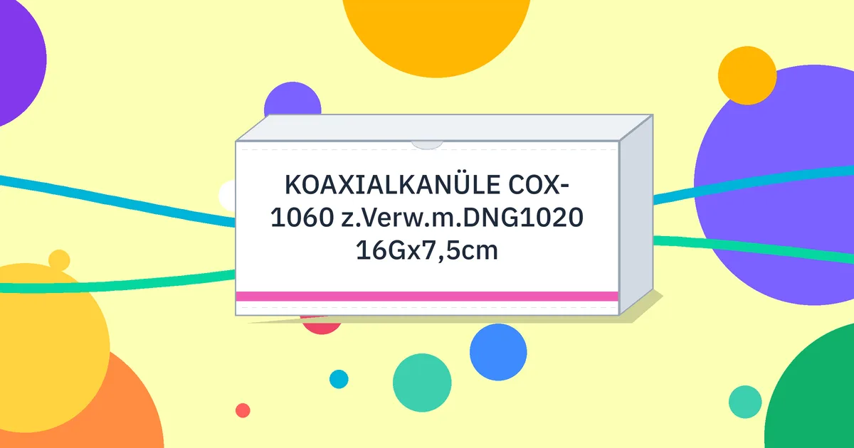 Symbolbild: Packung mit der Aufschrift KOAXIALKANÜLE COX-1060 z.Verw.m.DNG1020 16Gx7,5cm (PZN 00284500) – Verfügbarkeit und Bezug in Apotheken in Frankfurt am Main