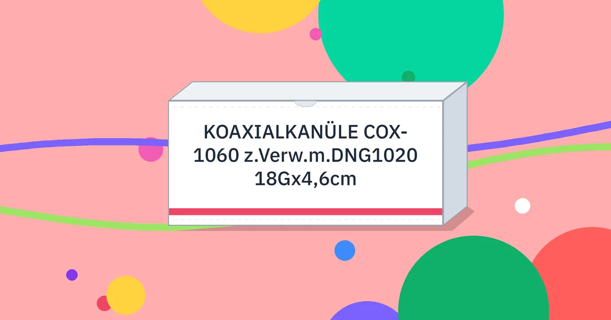Symbolbild: Packung mit der Aufschrift KOAXIALKANÜLE COX-1060 z.Verw.m.DNG1020 18Gx4,6cm (PZN 00284090) – Verfügbarkeit und Bezug in Apotheken in Frankfurt am Main