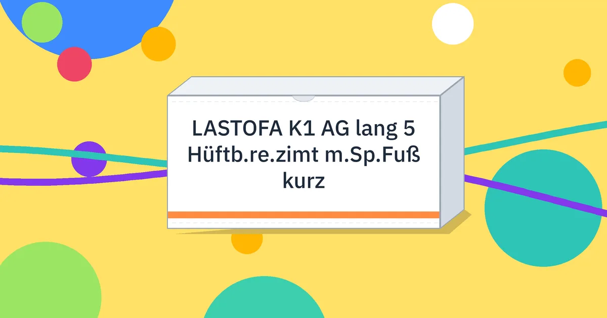 Symbolbild: Packung mit der Aufschrift LASTOFA K1 AG lang 5 Hüftb.re.zimt m.Sp.Fuß kurz (PZN 13798726) – Verfügbarkeit und Bezug in Apotheken in Frankfurt am Main