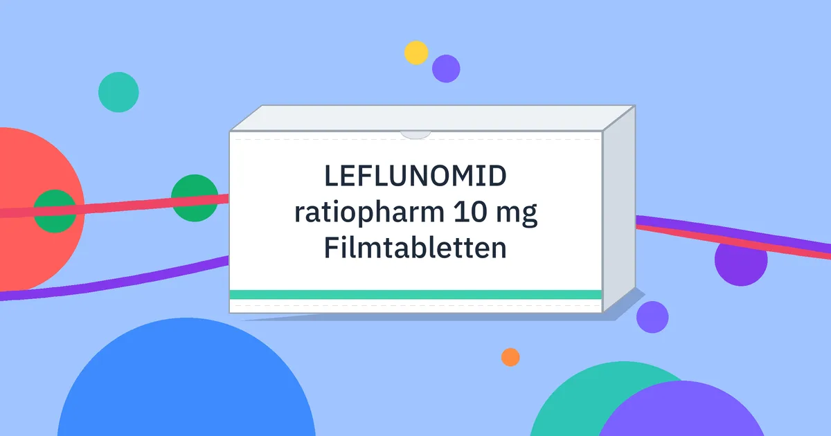 Symbolbild: Packung mit der Aufschrift LEFLUNOMID ratiopharm 10 mg Filmtabletten (PZN 06456623) – Verfügbarkeit und Bezug in Apotheken in Frankfurt am Main