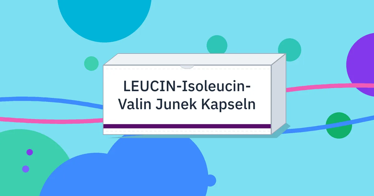 Symbolbild: Packung mit der Aufschrift LEUCIN-Isoleucin-Valin Junek Kapseln (PZN 17755671) – Verfügbarkeit und Bezug in Apotheken in Frankfurt am Main