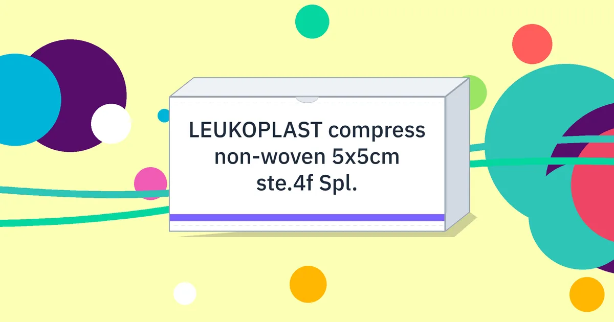 Symbolbild: Packung mit der Aufschrift LEUKOPLAST compress non-woven 5x5cm ste.4f Spl. (PZN 17207219) – Verfügbarkeit und Bezug in Apotheken in Frankfurt am Main